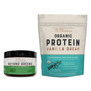 live conscious beyond greens concentrated superfood powder & organic pea protein powder - vanilla dream flavor | immune system boost & gut health + metabolism & muscle support