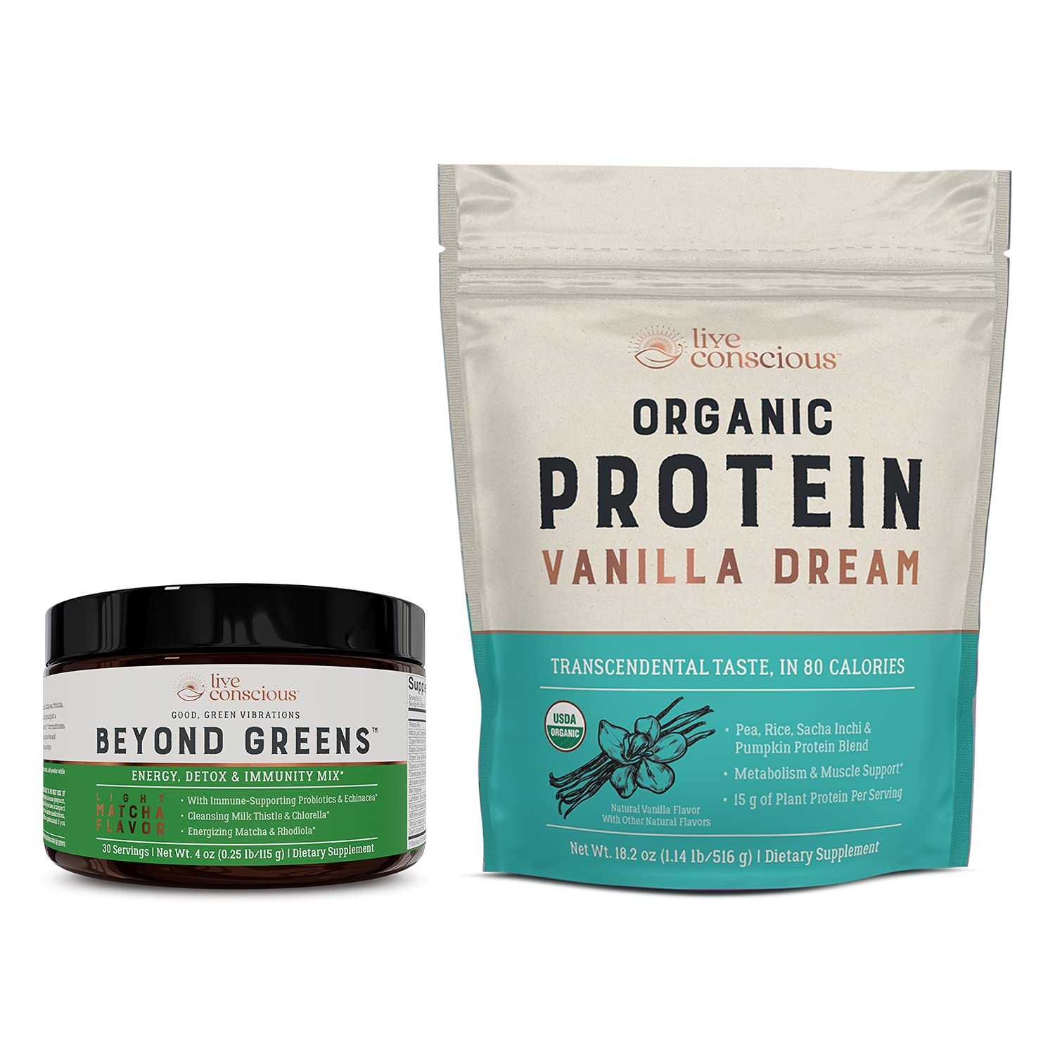 Live Conscious Beyond Greens Concentrated Superfood Powder & Organic Pea Protein Powder - Vanilla Dream Flavor | Immune System Boost & Gut Health + Metabolism & Muscle Support