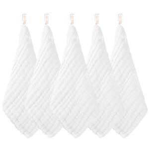 Koo-dib Muslin Soft White Baby Small Washcloths for Newborn Baby Essentials Must Haves Wash Cloths and 100% Cotton Face Towels 10 Pack Muslin Wash