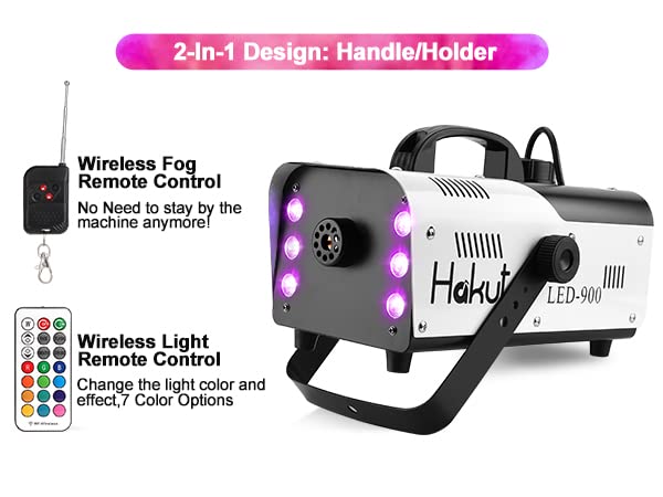 HAKUTA Fog Machine, 900W Automatic Spray Smoke Machine with 6 LED Lights and 7 Color Variation, 2000CFM Output with Wireless Remote Control for Wedding, Halloween, Parties and DJ Performance