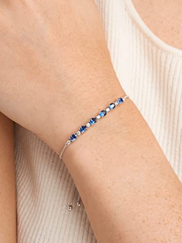 Amazon Essentials 0.175 cttw Lab Grown Diamond and Created Blue Sapphire 925 Sterling Silver Bar Bolo Adjustable Bracelet (H-I Color, I1 Calarity) (previously Amazon Collection)