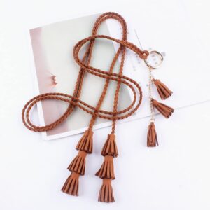 2 Pack Women Girls PU Leather Waist Belt Chain Skinny Rope with Double Tassel for Dress Skirt (1pc Black+1pc Camel)