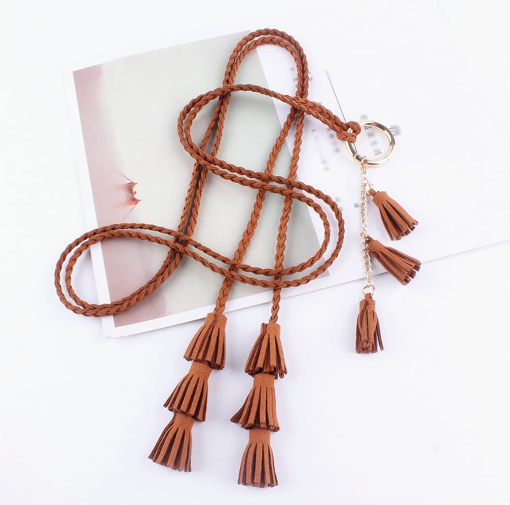 2 Pack Women Girls PU Leather Waist Belt Chain Skinny Rope with Double Tassel for Dress Skirt (1pc Black+1pc Camel)