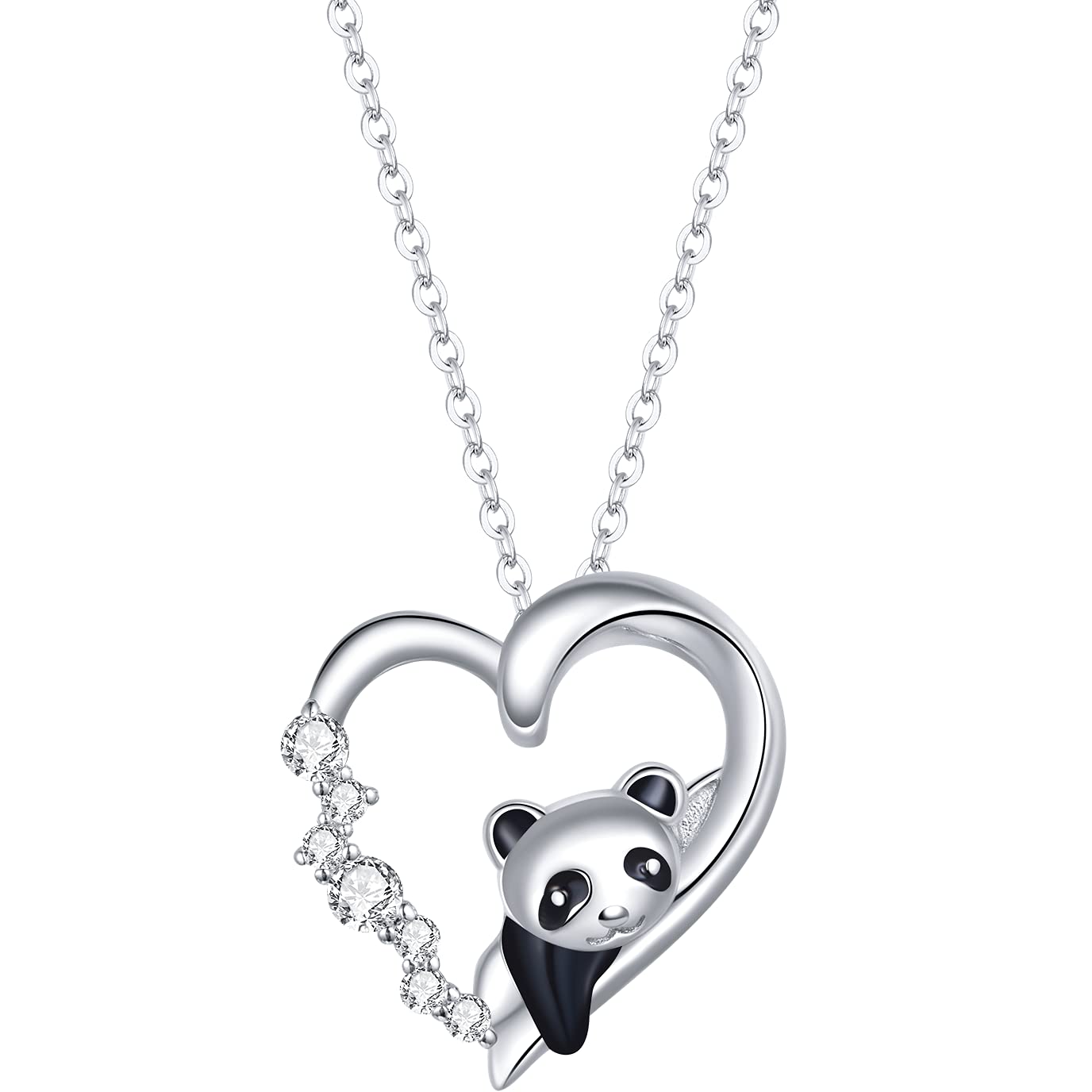 RUKYF 925 Sterling Silver Panda Necklace for Women Cubic Zirconia Heart Cute Animal Pendant Jewelry Unique Gifts for Women Girlfriend