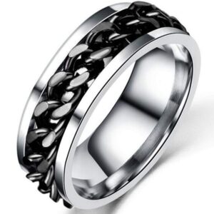 8mm stainless steel chain inlay rotating spin wedding band biker ring (black, 5)