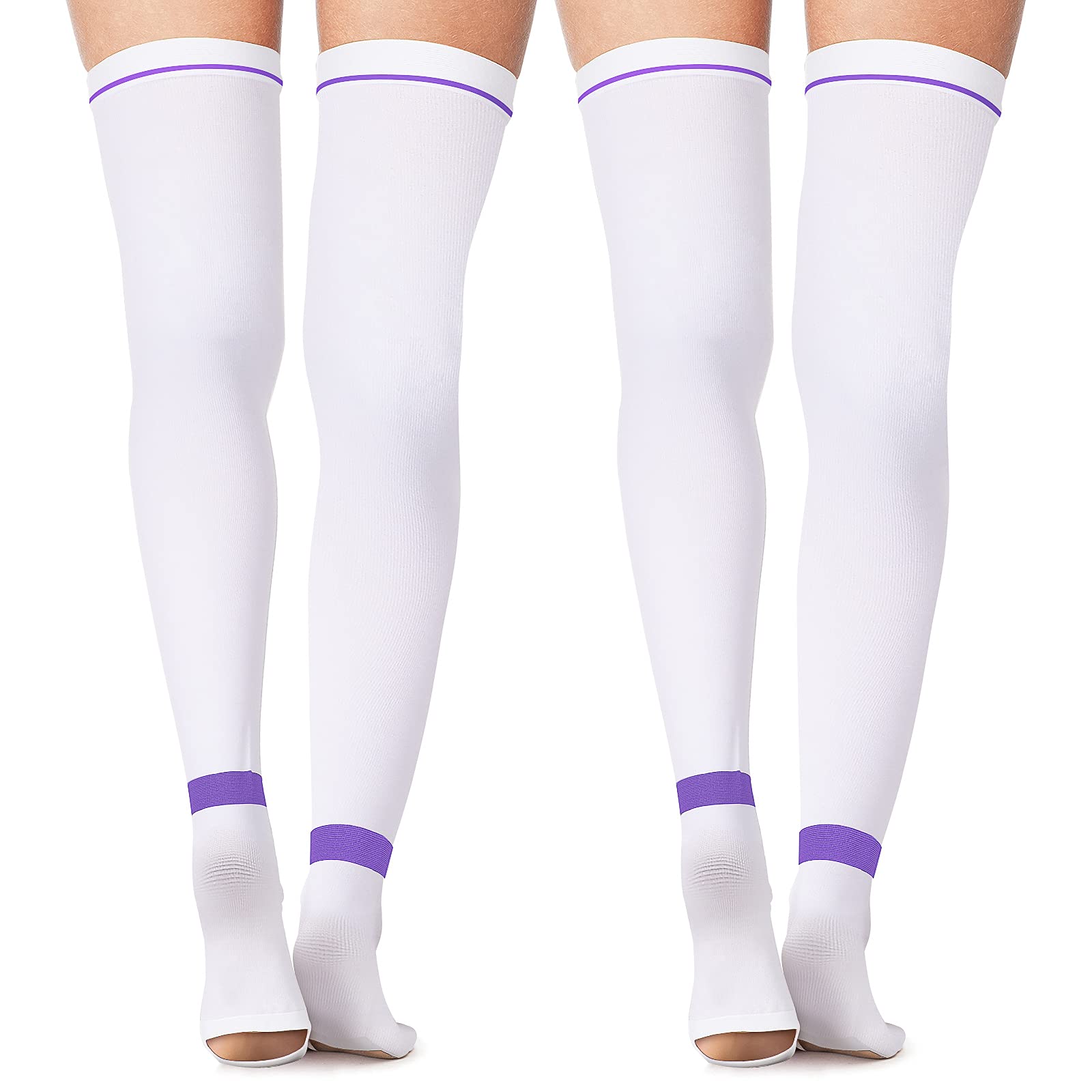 2 Pairs TED Hose Compression Stockings Thigh High Knee High 15-20 mmHg Compression TED Hose with Inspect Toe Hole TED Compression Socks for Leg Edema Swelling Soreness Pain (White- Purple,XL Size)