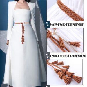 2 Pack Women Girls PU Leather Waist Belt Chain Skinny Rope with Double Tassel for Dress Skirt (1pc Black+1pc Camel)