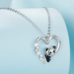 RUKYF 925 Sterling Silver Panda Necklace for Women Cubic Zirconia Heart Cute Animal Pendant Jewelry Unique Gifts for Women Girlfriend