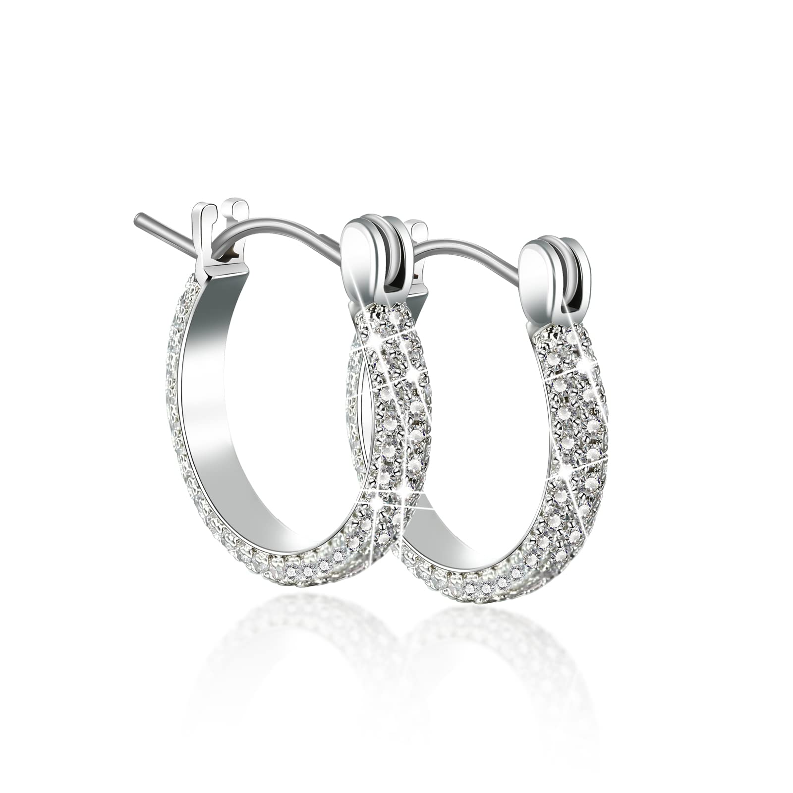 Tiny Sparkly Cubic Zirconia Titanium Hoop Earrings Hypoallergenic for Women, Minimalist Cuff/Cartilage Sleeper Earring Charms White Gold Plated, Pure Titanium Earrings Post for Sensitive Ears