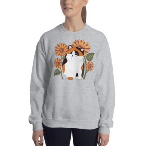 Calico Cat With Sunflowers Sweatshirt for Girls Women Men Unisex | Best Novelty Vest Gift for Kitten Lovers | Pullover Sizes S M L XL XXL Sport Grey