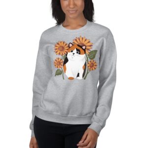 Calico Cat With Sunflowers Sweatshirt for Girls Women Men Unisex | Best Novelty Vest Gift for Kitten Lovers | Pullover Sizes S M L XL XXL Sport Grey