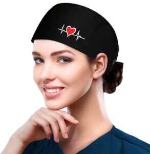 fesciory adjustable working caps with button & sweatband, elastic bandage tie back hats for women(heart ecg)