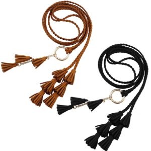 2 Pack Women Girls PU Leather Waist Belt Chain Skinny Rope with Double Tassel for Dress Skirt (1pc Black+1pc Camel)