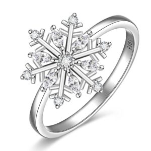 Christmas Rings Snowflake Rings Sterling Silver Cute Dainty White Zirconia Dirthstone Crystal Gift Wedding for Women Love Rings Size 7