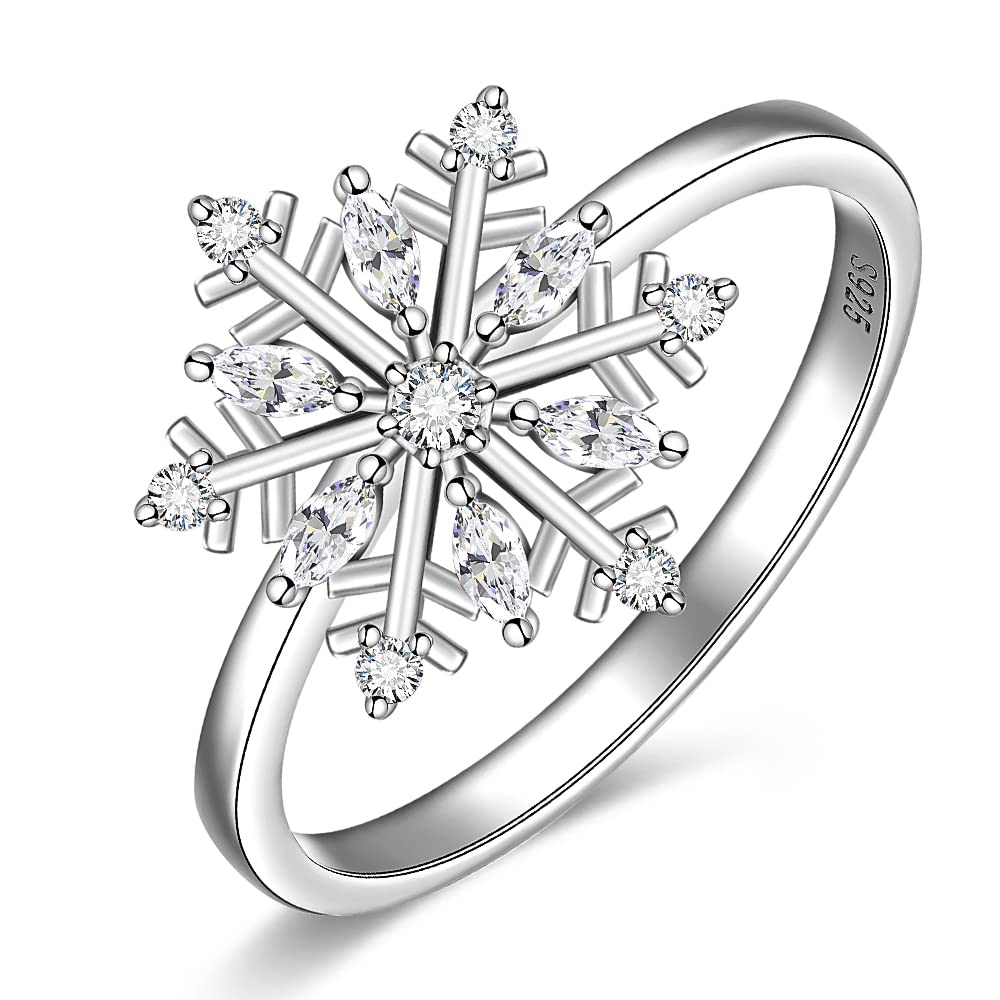 Christmas Rings Snowflake Rings Sterling Silver Cute Dainty White Zirconia Dirthstone Crystal Gift Wedding for Women Love Rings Size 7