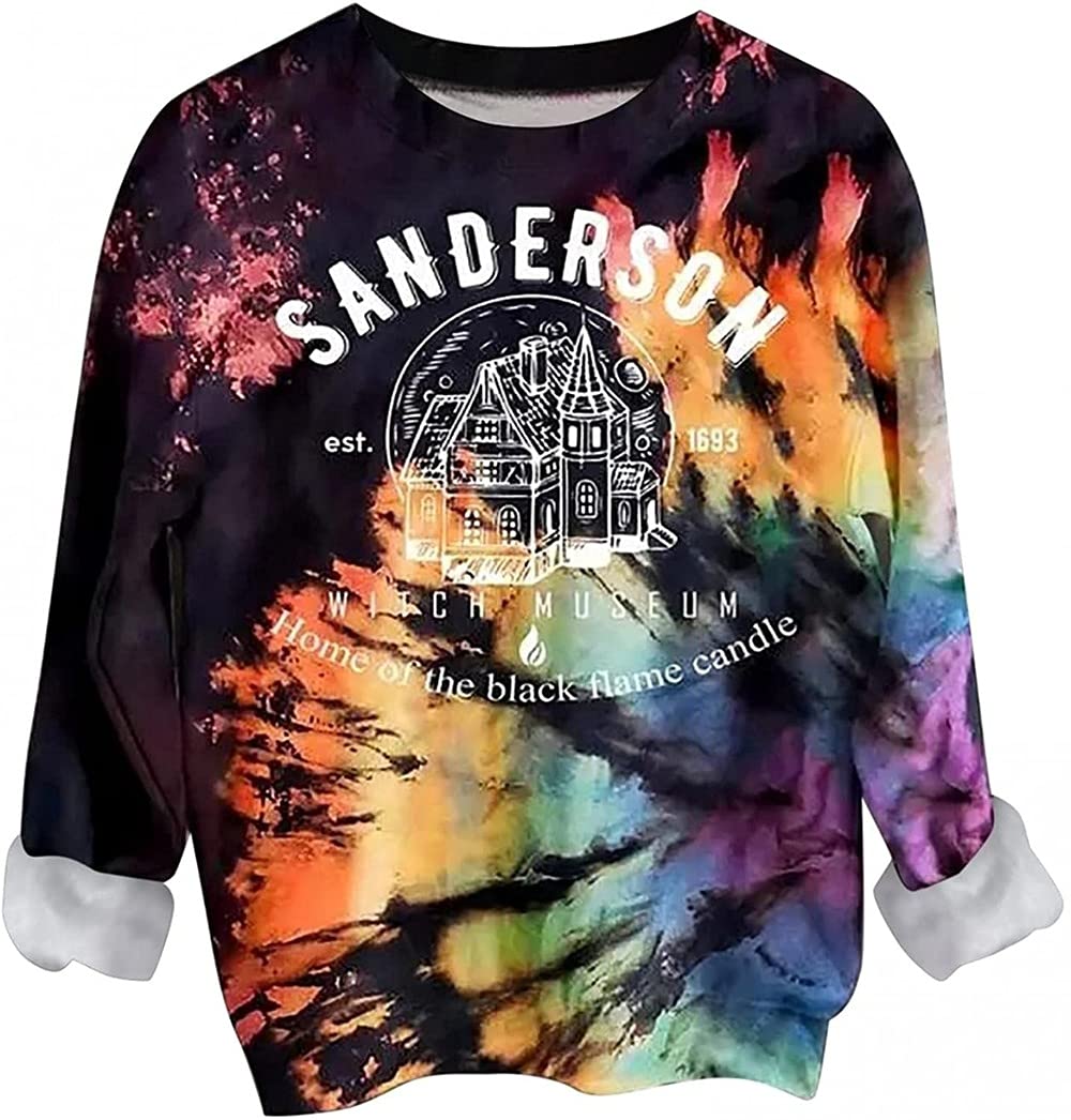 Hocus Pocus Halloween Sweatshirt Women Sanderson Witch Museum Graphic Tee Reverse Tie Dye Rainbow Pullover Sweatshirt (4sanderose,Small,Alpha,Small,US)