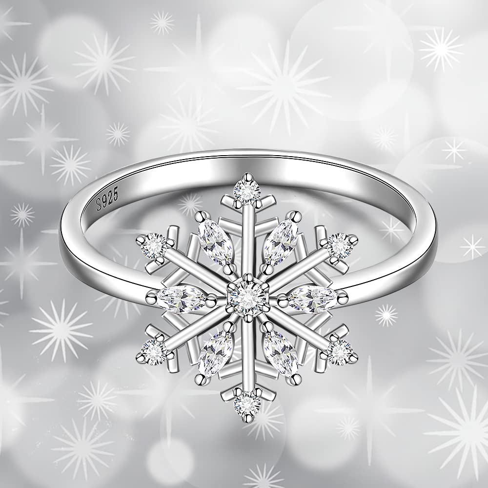 Christmas Rings Snowflake Rings Sterling Silver Cute Dainty White Zirconia Dirthstone Crystal Gift Wedding for Women Love Rings Size 7