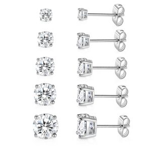 18k gold plated 4 prong graduated round clear cubic zirconia stud earring set for women (5 pairs) (a-white gold plated)