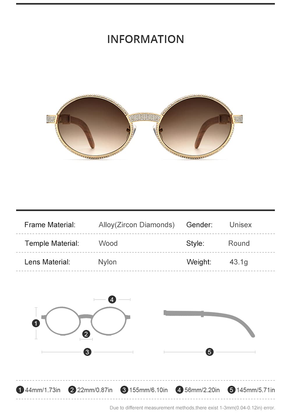 HEPIDEM 100% Really Buffalo Horn Luxury 720pcs Diamonds BUffs Sunglasses 7550179 (Wood Frame Gradient Tea Lens)