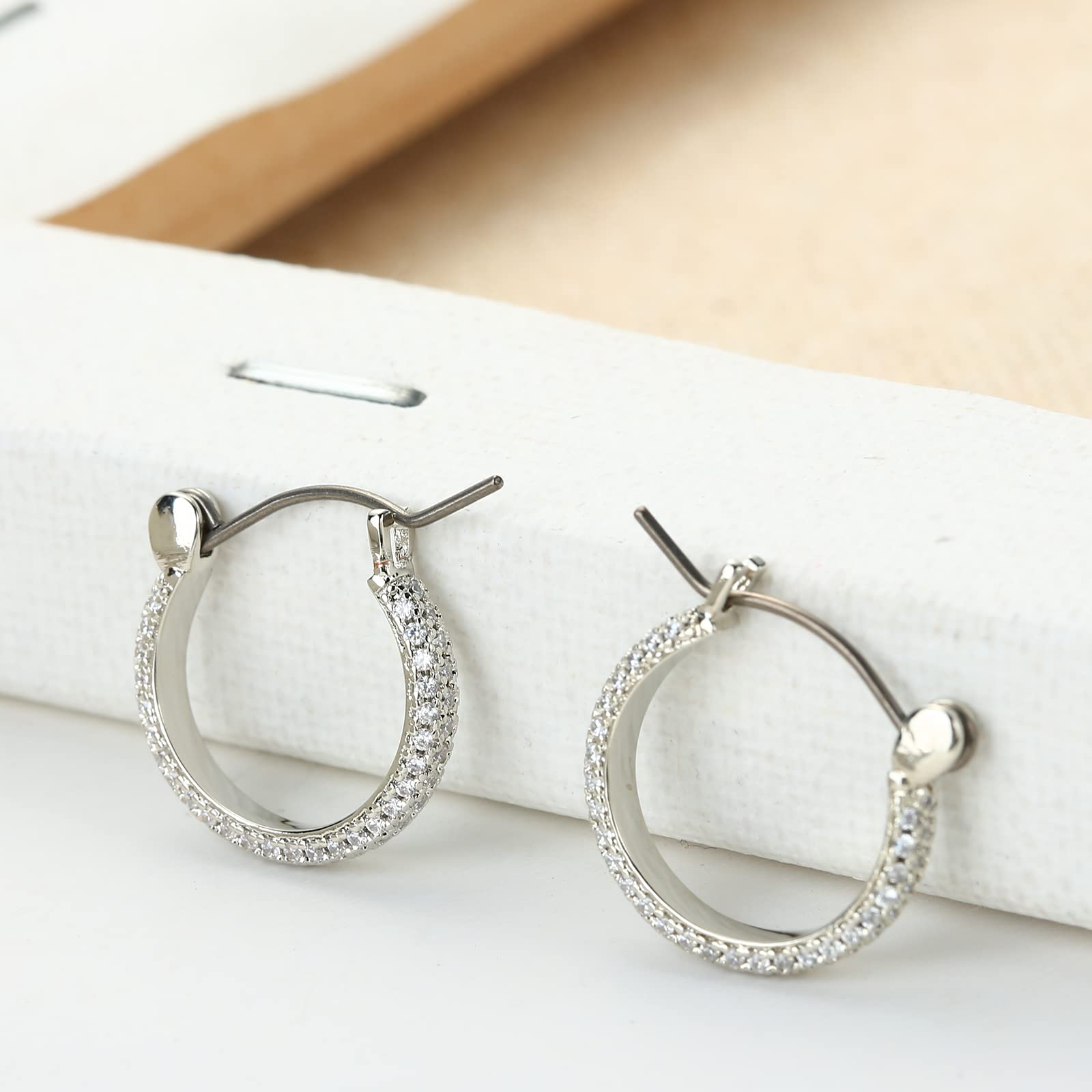 Tiny Sparkly Cubic Zirconia Titanium Hoop Earrings Hypoallergenic for Women, Minimalist Cuff/Cartilage Sleeper Earring Charms White Gold Plated, Pure Titanium Earrings Post for Sensitive Ears