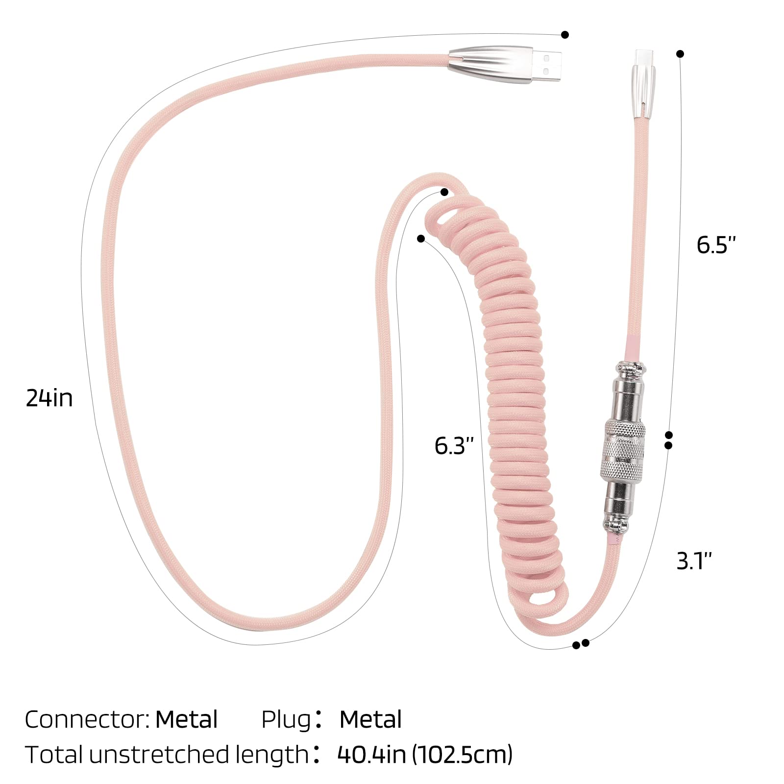 LTC Custom Mechanical Keyboard Coiled Cable USB 3.1 Type C, 1.2m Coiled USB C Cable with Aviator Connector, Pink