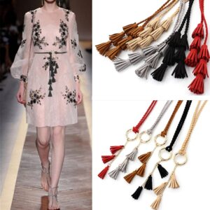 2 Pack Women Girls PU Leather Waist Belt Chain Skinny Rope with Double Tassel for Dress Skirt (1pc Black+1pc Camel)