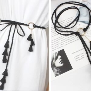 2 Pack Women Girls PU Leather Waist Belt Chain Skinny Rope with Double Tassel for Dress Skirt (1pc Black+1pc Camel)