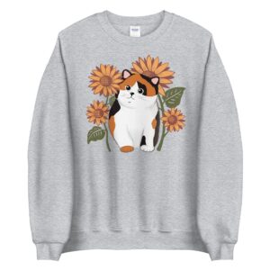 calico cat with sunflowers sweatshirt for girls women men unisex | best novelty vest gift for kitten lovers | pullover sizes s m l xl xxl sport grey