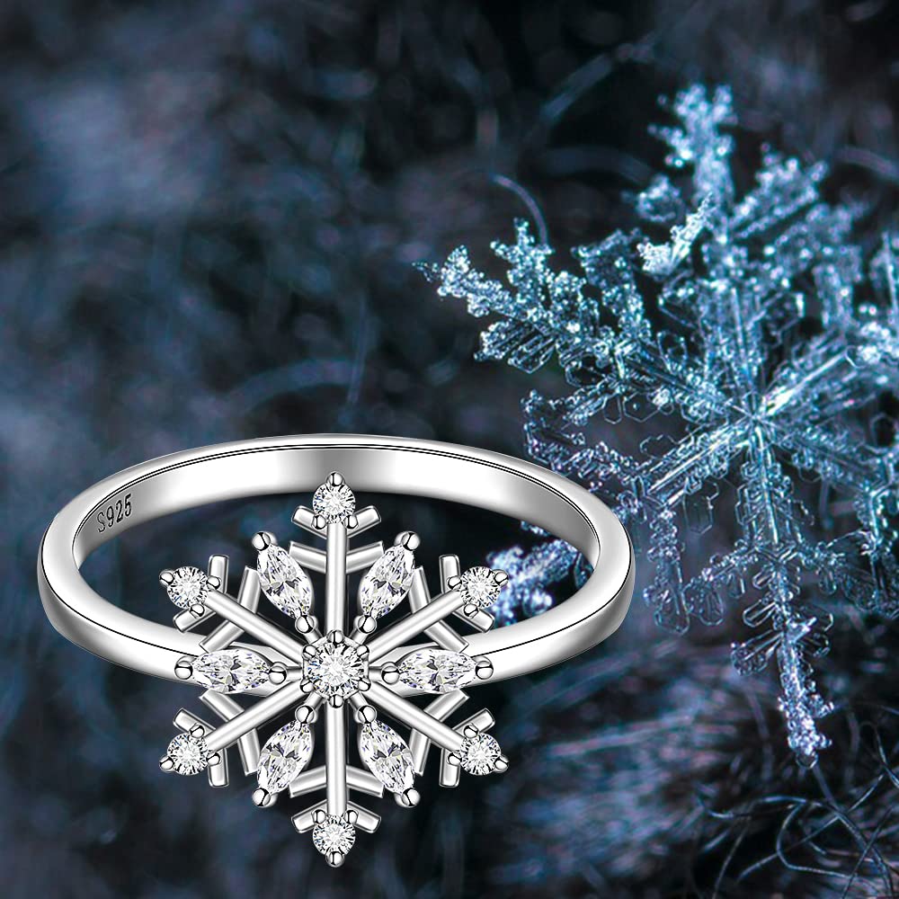 Christmas Rings Snowflake Rings Sterling Silver Cute Dainty White Zirconia Dirthstone Crystal Gift Wedding for Women Love Rings Size 7