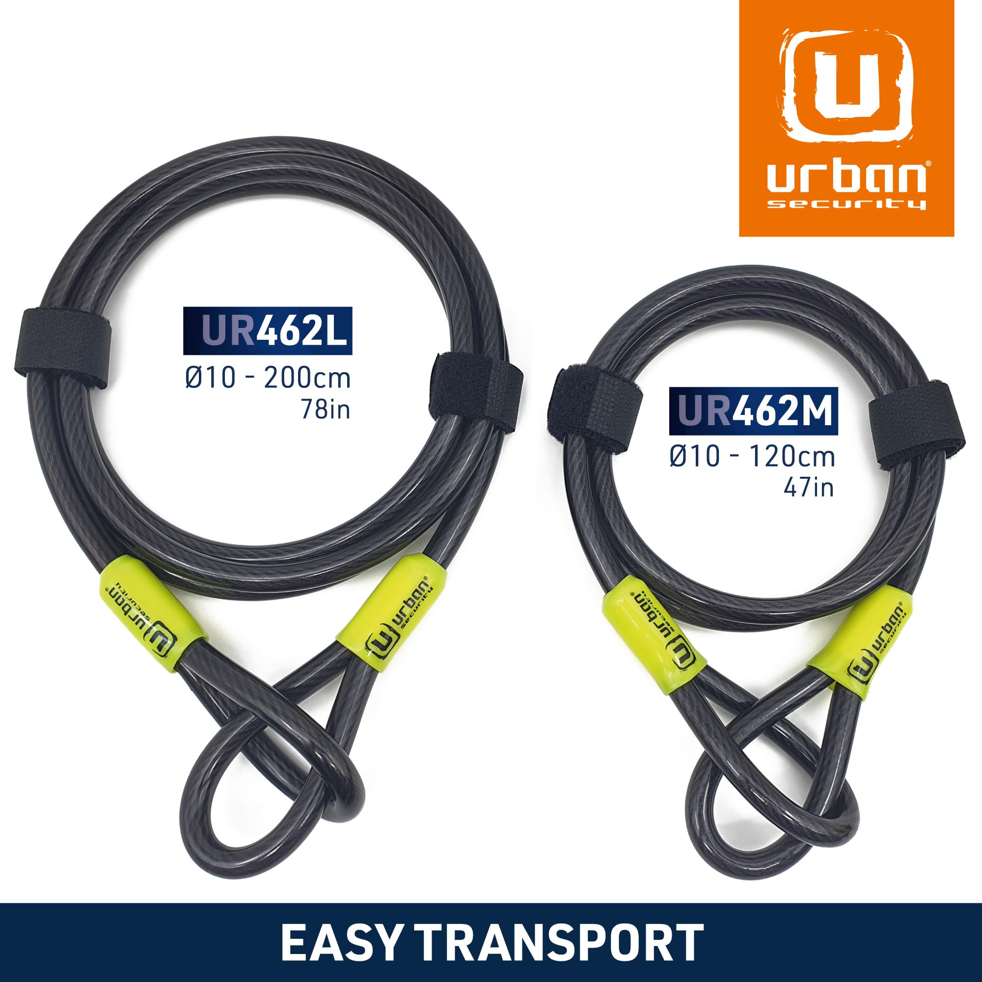 URBAN UR462L Bicycle Security Cable Braided Steel ø0.39in, 6.5ft Long, Lightweight, Double Loop, Anti-Theft Cable Locking Motorcycle Helmet Protection, Wheels, Bags, Scooter, Electric Bike, Ebike