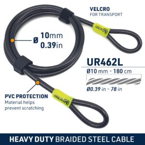 URBAN UR462L Bicycle Security Cable Braided Steel ø0.39in, 6.5ft Long, Lightweight, Double Loop, Anti-Theft Cable Locking Motorcycle Helmet Protection, Wheels, Bags, Scooter, Electric Bike, Ebike