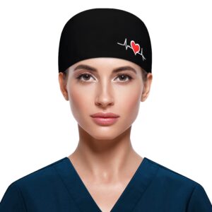 Fesciory Adjustable Working Caps with Button & Sweatband, Elastic Bandage Tie Back Hats for Women(Heart Ecg)