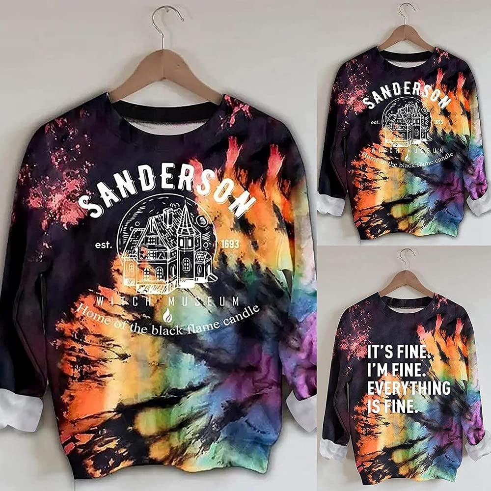 Hocus Pocus Halloween Sweatshirt Women Sanderson Witch Museum Graphic Tee Reverse Tie Dye Rainbow Pullover Sweatshirt (4sanderose,Small,Alpha,Small,US)