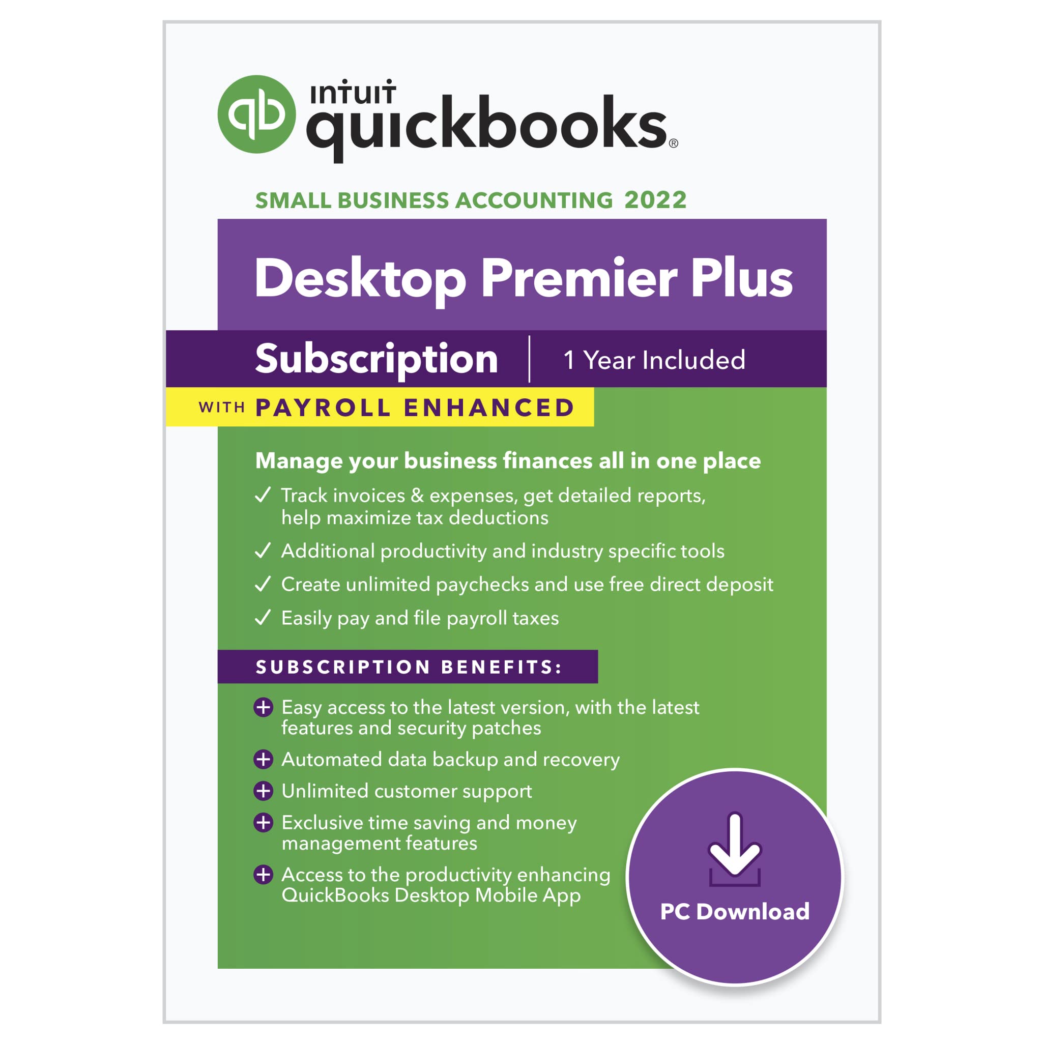 QuickBooks Desktop Premier Plus with Enhanced Payroll 2022 Accounting Software for Small Business 1-Year Subscription with Shortcut Guide [PC Download]