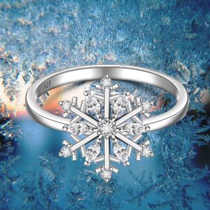 Christmas Rings Snowflake Rings Sterling Silver Cute Dainty White Zirconia Dirthstone Crystal Gift Wedding for Women Love Rings Size 7