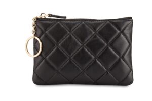 doris&jacky soft lambskin leather coin purse small quilted rfid blocking top zipper wallet with keychain (black)