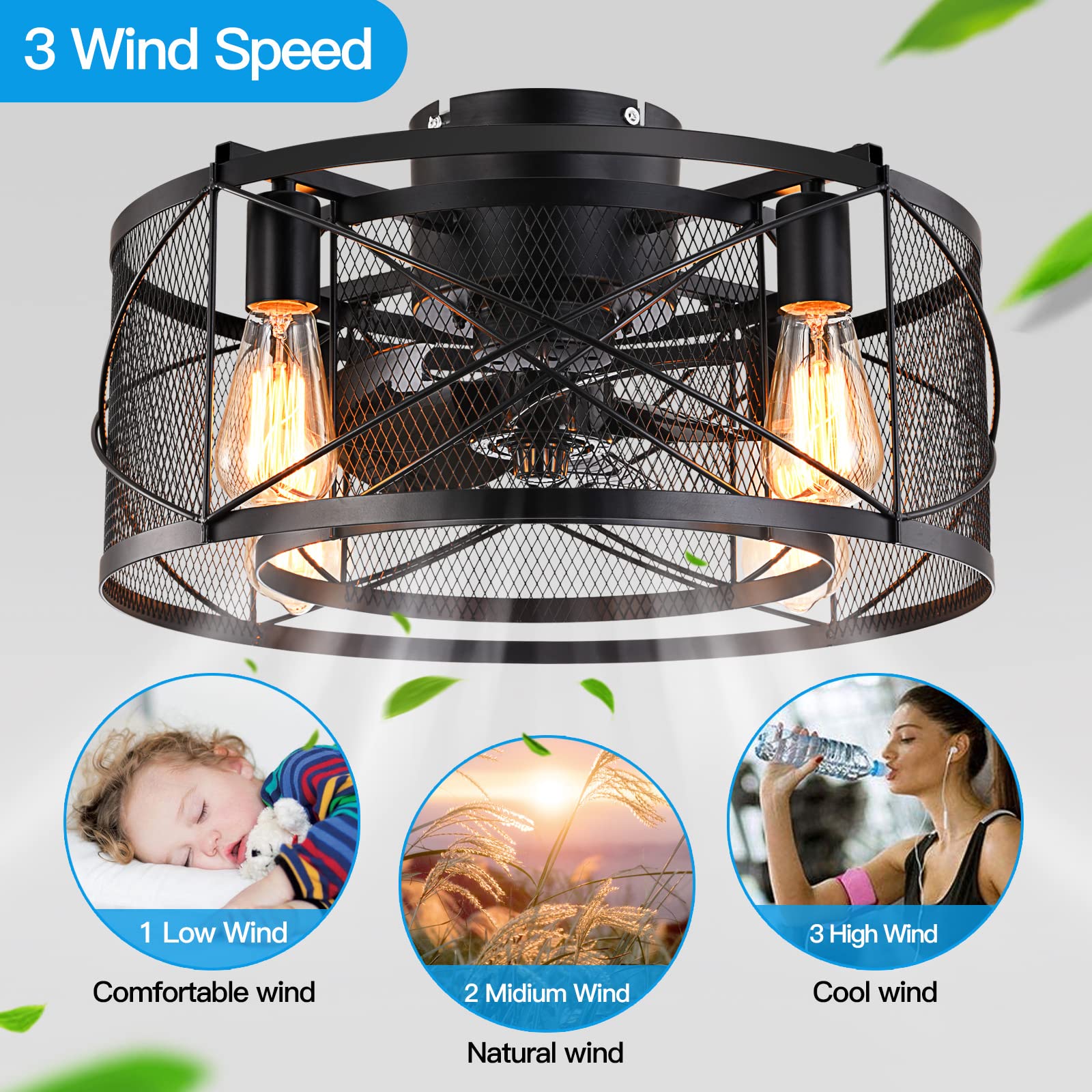 haodengshi Caged Ceiling Fan with Light, 20 In Ceiling Fan Lights with Remote, 3 Speeds Adjustable Black Enclosed Farmhouse Industrial Flush Mount Ceiling Fan for Kitchen Bedroom