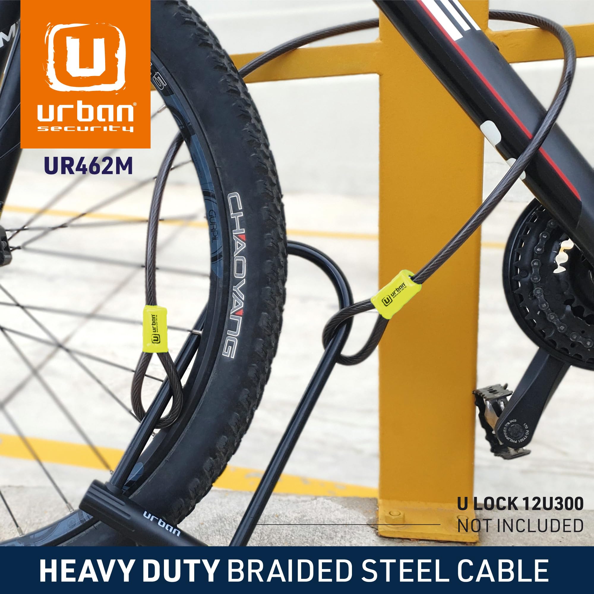 URBAN UR462L Bicycle Security Cable Braided Steel ø0.39in, 6.5ft Long, Lightweight, Double Loop, Anti-Theft Cable Locking Motorcycle Helmet Protection, Wheels, Bags, Scooter, Electric Bike, Ebike