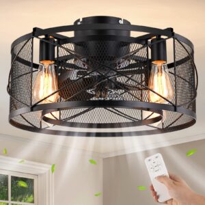 haodengshi caged ceiling fan with light, 20 in ceiling fan lights with remote, 3 speeds adjustable black enclosed farmhouse industrial flush mount ceiling fan for kitchen bedroom