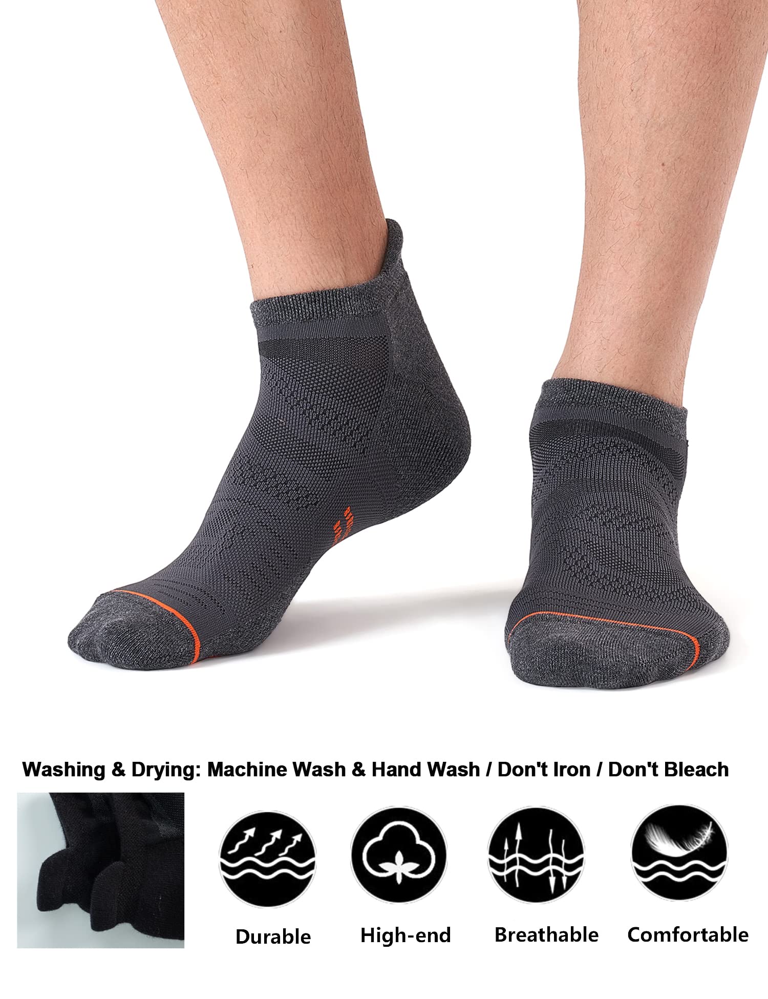 CelerSport 6 Pack Men's Running Ankle Socks with Cushion, Low Cut Athletic Sport Tab Socks, Grey, Shoe Size: 9-12