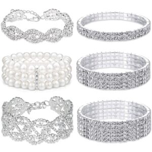 eielo 6 pcs rhinestone stretch bracelet for women sparkly clear crystal wedding bridal bridesmaid stretch bracelet jewelry stackable elastic pearl multilayer strand link tennis bracelets set