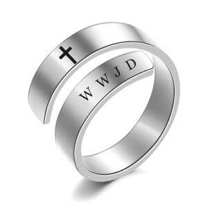 KBNSUIAN Stainless Steel WWJD Ring - Religious Christening Cross What Would Jesus Do Cuff Rings for Women Men - Christian Jewelry WWJD Meditation Reminder, Silver, Adjustable