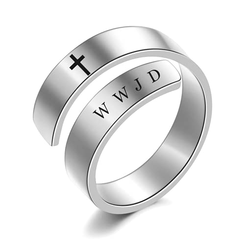 KBNSUIAN Stainless Steel WWJD Ring - Religious Christening Cross What Would Jesus Do Cuff Rings for Women Men - Christian Jewelry WWJD Meditation Reminder, Silver, Adjustable