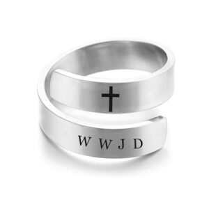 KBNSUIAN Stainless Steel WWJD Ring - Religious Christening Cross What Would Jesus Do Cuff Rings for Women Men - Christian Jewelry WWJD Meditation Reminder, Silver, Adjustable