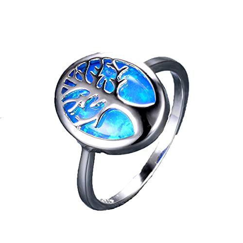 XINSHUN Tree of Life Ring, 925 Sterling Silver Opal Ring, Opal Ring for Women(blue 6)