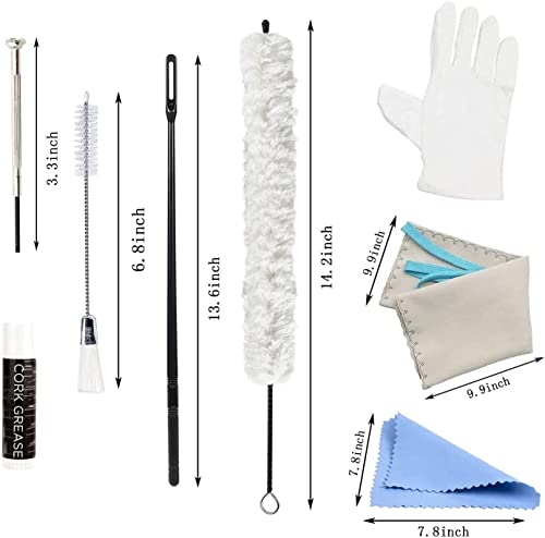 Flute Cleaning Kit Include 1pc Cotton Cleaning Brush, Flute Swab, Double-End Dust Brush,Flute Cleaning Rod, Screwdriver for Flute Repairing,Cork Grease, a Pair Cotton Gloves, 1pc Flute Cleaning Cloth