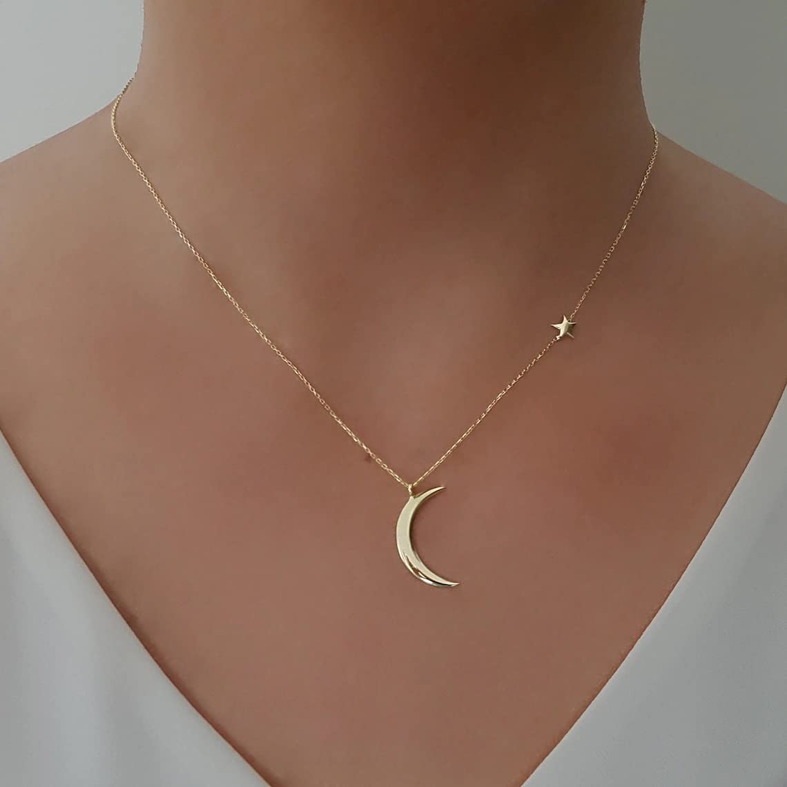 Tasiso Dainty Moon and Star Pendant Necklace Gold Crescent Moon Necklace Delicate Tiny Star Charm Necklace Minimalist Jewelry for Women 46cm