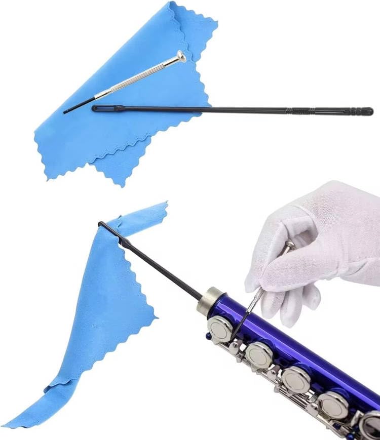 Flute Cleaning Kit Include 1pc Cotton Cleaning Brush, Flute Swab, Double-End Dust Brush,Flute Cleaning Rod, Screwdriver for Flute Repairing,Cork Grease, a Pair Cotton Gloves, 1pc Flute Cleaning Cloth