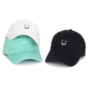 Umeepar 3 Pack Smile Face Cotton Baseball Cap Adjustable Low Profile Unstructured Dad Hat for Women Men (Black White, Aqua)