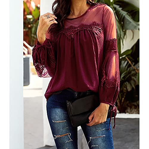 Mayntop Womens Tops Shirt Jacquard Bishop Sleeve See-Through Broderie Anglaise Solid Color Plain Transparent Long Sleeve Loose Blouse(A Wine Red,3XL)